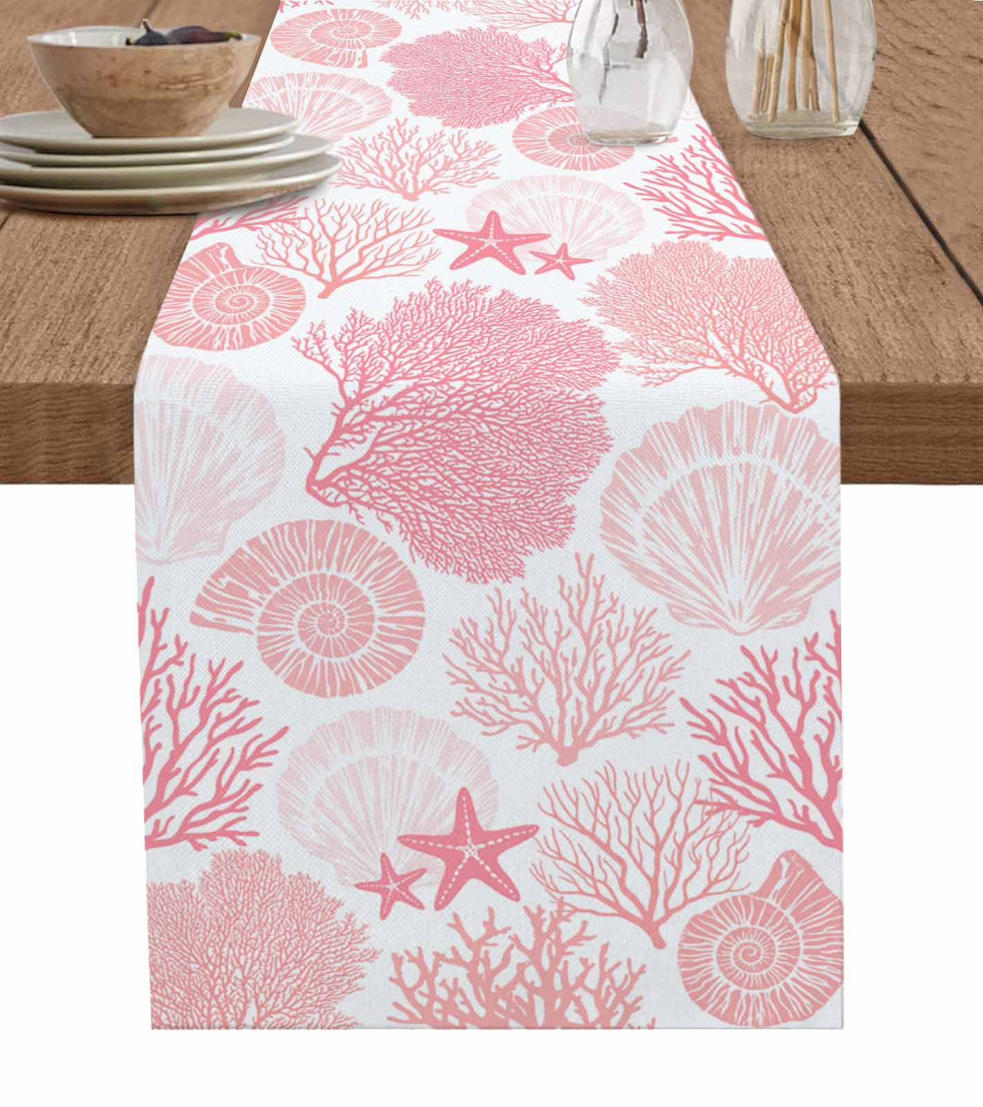 Coastal Coral Table Runners 120 Inches Long, Cotton Linen Fabric Table ...