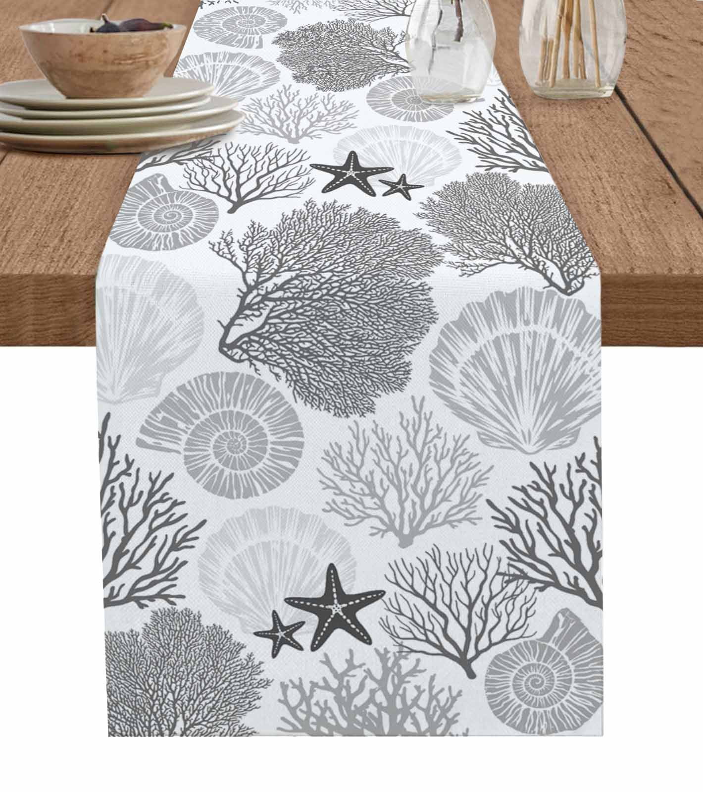 Coastal Coral Table Runners 90 Inches Long, Cotton Linen Fabric Table ...