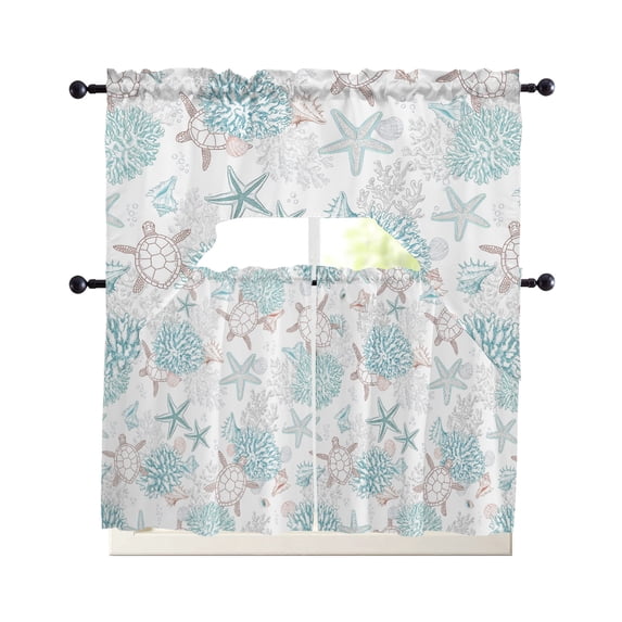 Coastal Coral Turtle Kitchen Curtains Sets 36 Inch Length with Valance ...
