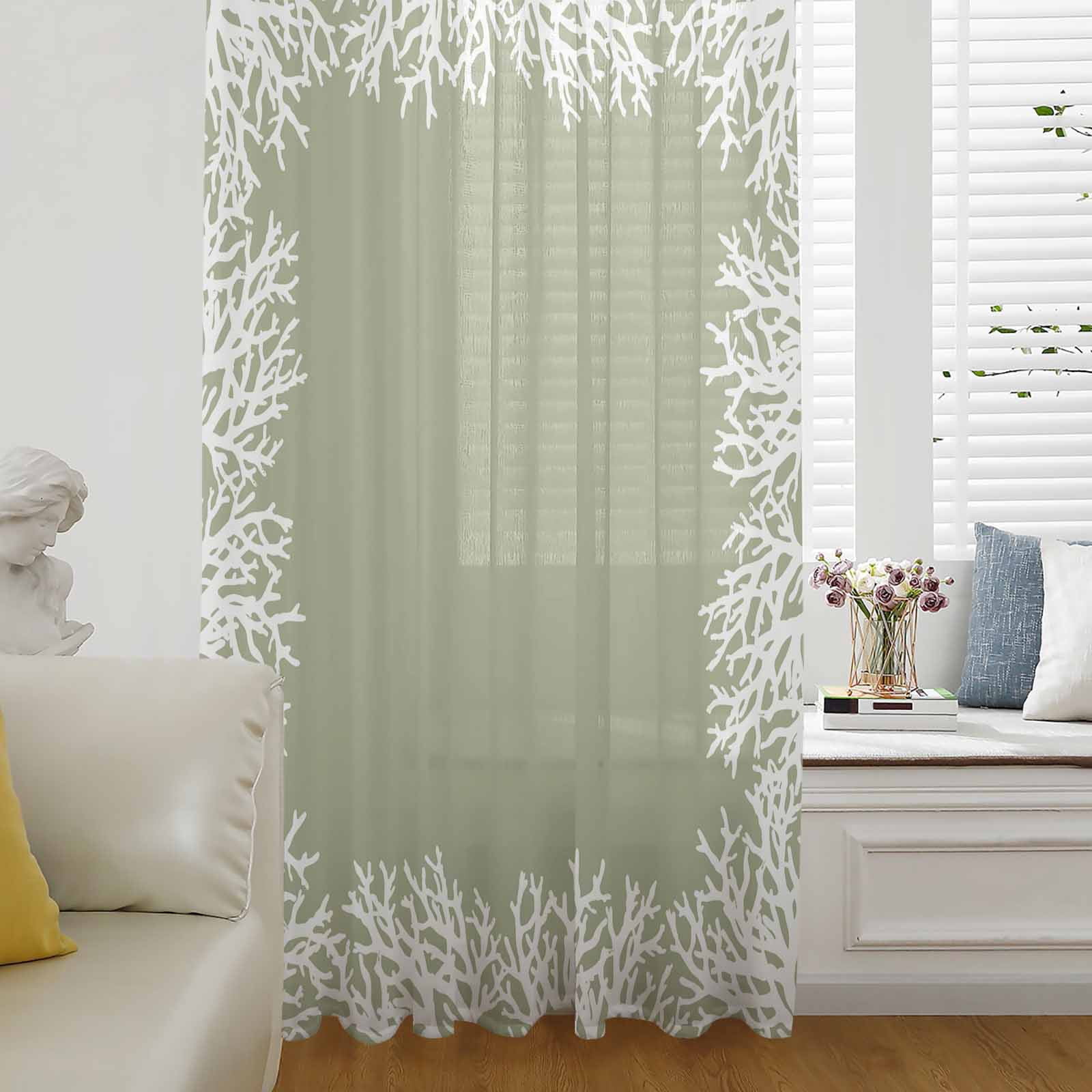 Coastal Coral Window Curtain 63 Inches Long,Sage Green Ocean Marine ...