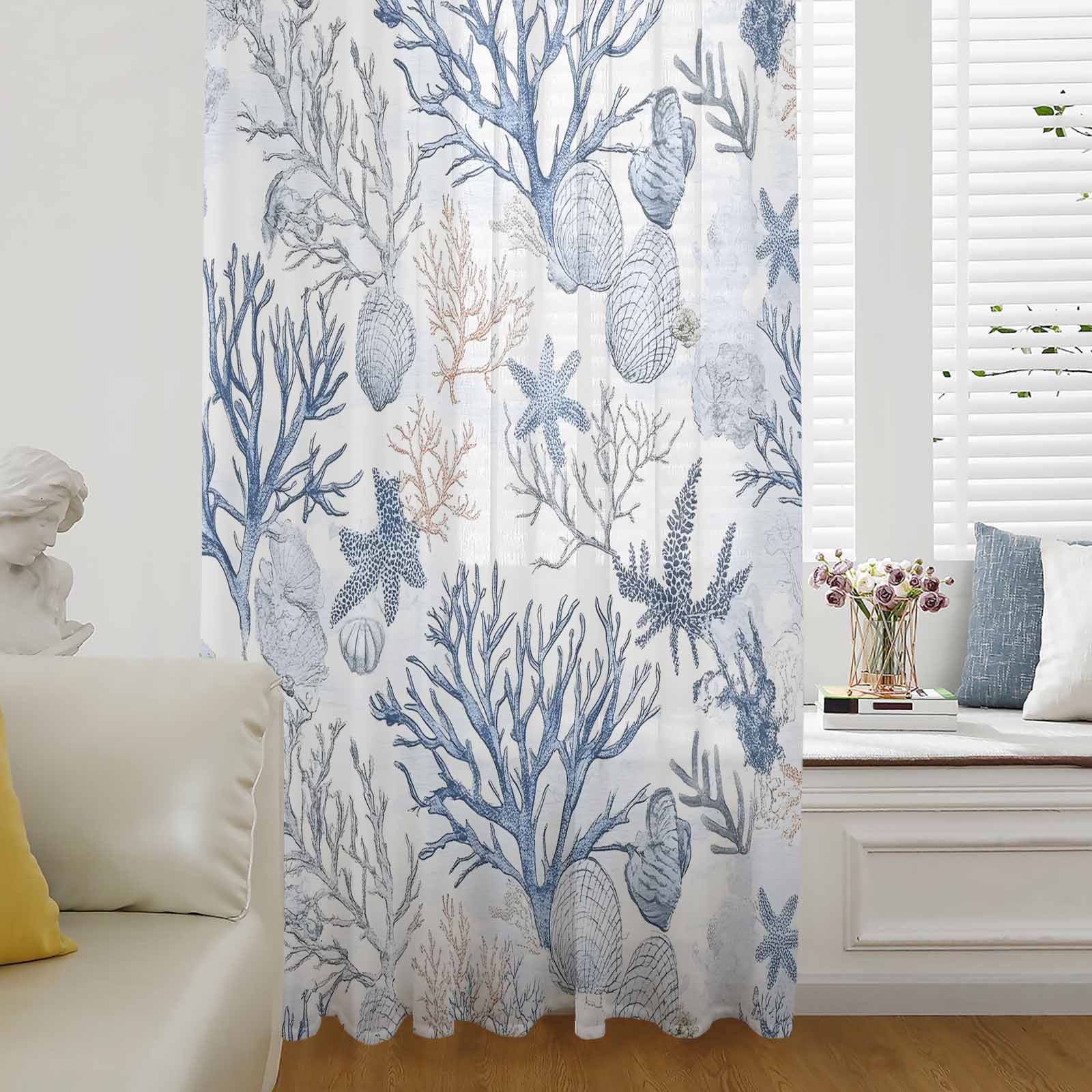 Coastal Coral Window Curtain 96 Inches Long,Vintage Ocean Blue Starfish ...