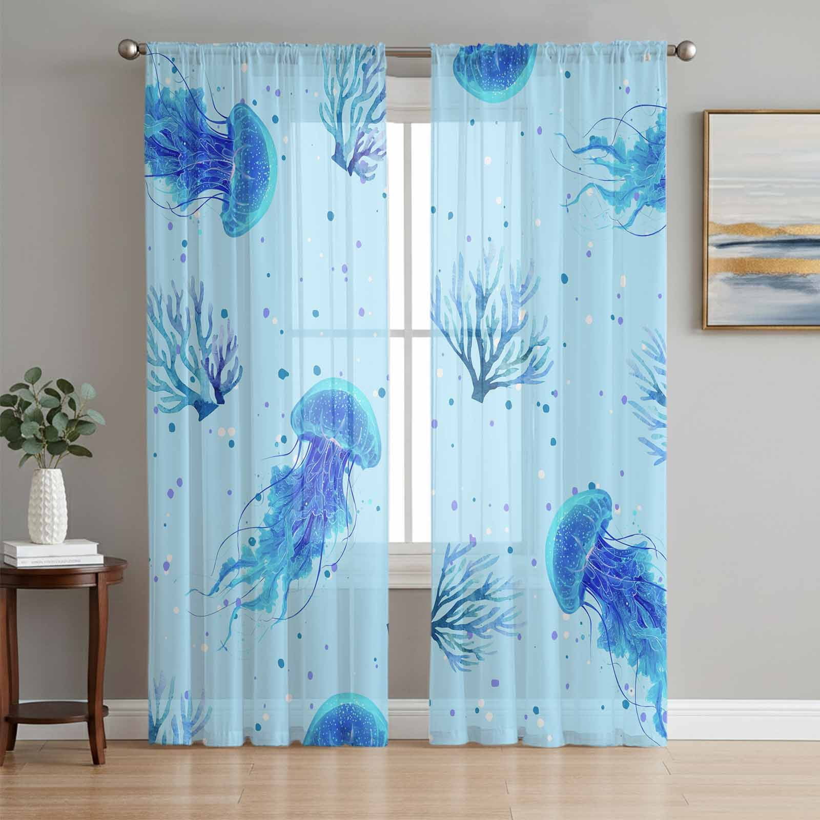 Coastal Corals Sheer Curtains for Living Room Bedroom Blue Jellyfish ...