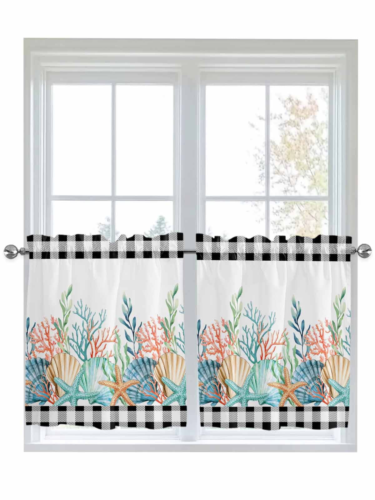 Coastal Corals Shells 2 Panel Kitchen Curtains for Small Windows, Ocean ...