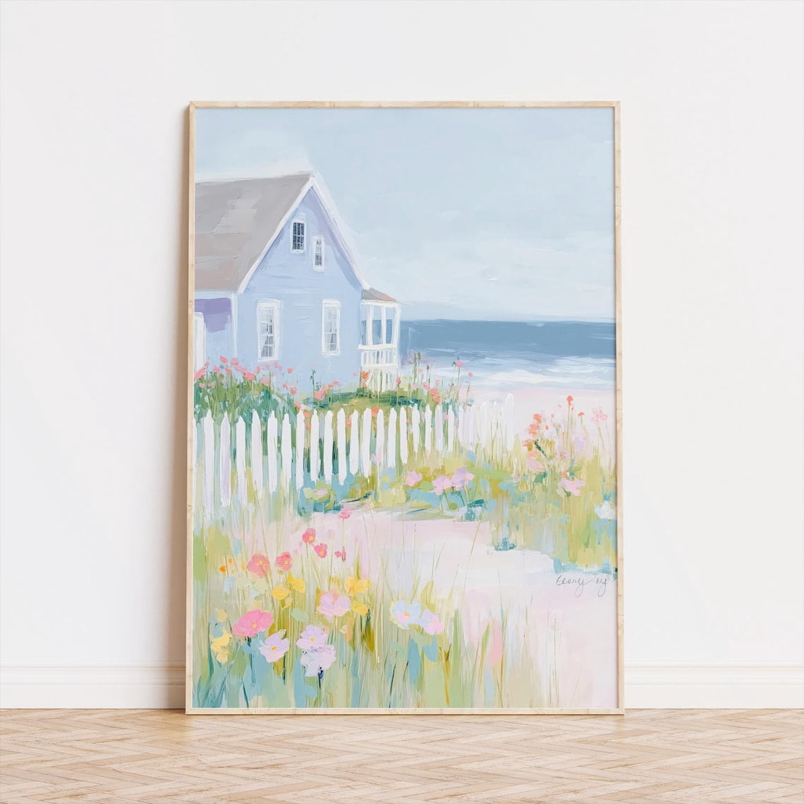 Coastal Cottage Poster: Pastel Beach House, Seaside Garden, Unframed ...