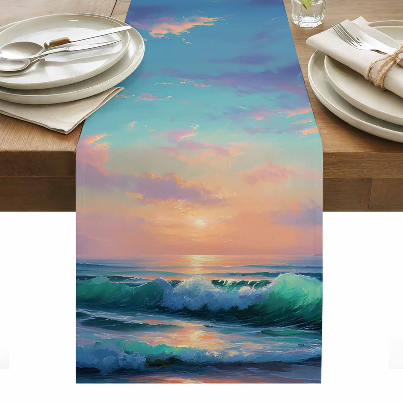 Coastal Cotton Linen Table Runner Summer Bird Seagulls Waves Sunset ...