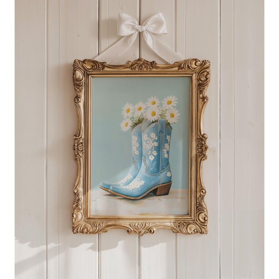 Coastal Cowgirl Boot Poster: Blue Daisy Western Art, Unframed Canvas ...