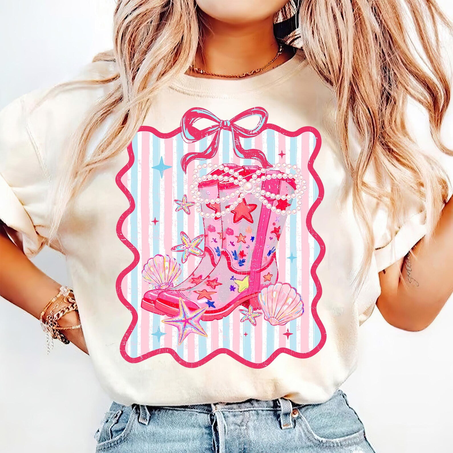 Coastal Cowgirl Boot Shirt, Western Beach Aesthetic Tee, Iridescent ...