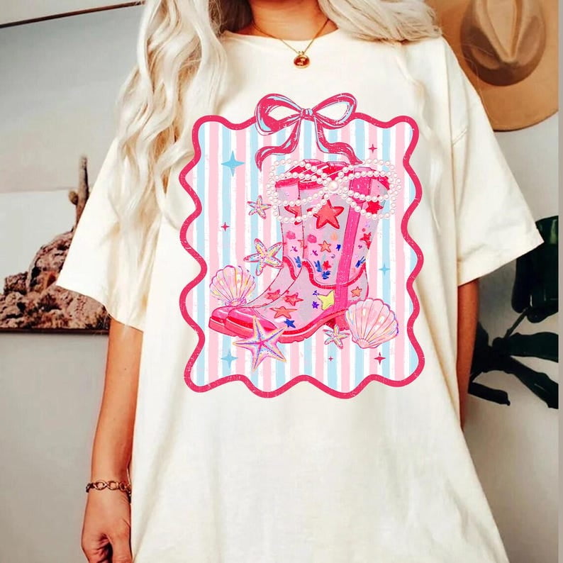 Coastal Cowgirl Boot T-Shirt, Western Beach Aesthetic Shirt, Iridescent ...
