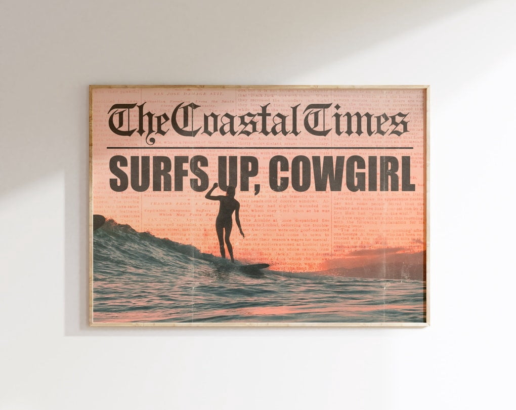 Coastal Cowgirl Decor Newspaper Print Western Wall Art Surfs Up Cowgirl ...