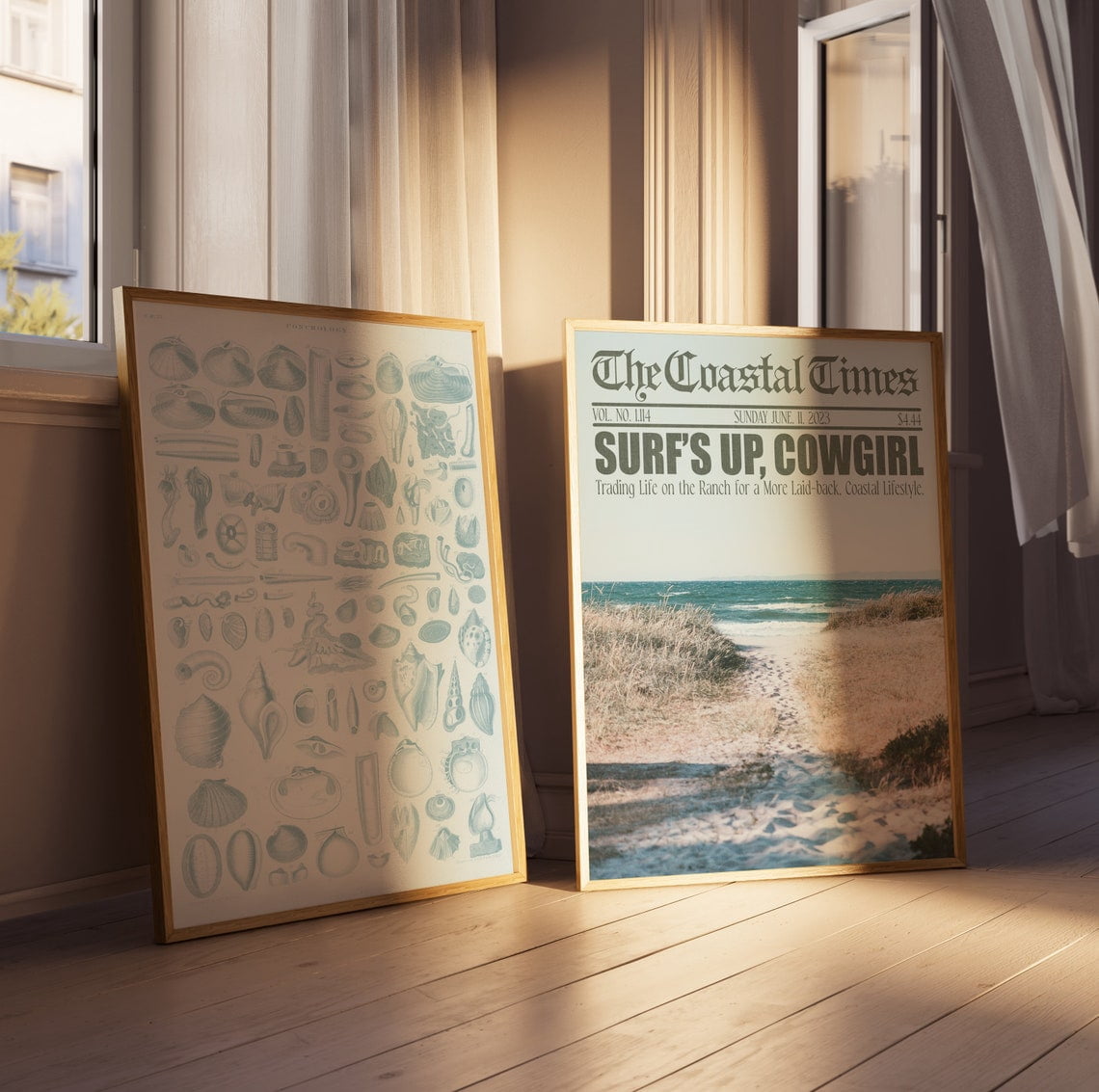 Coastal Cowgirl Newspaper Print Beachy Western Art Set 2 Stretched ...