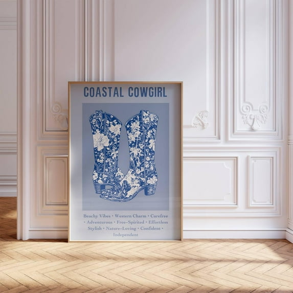 Coastal Cowgirl Poster, Blue Floral Boots Print, Trendy Cocktail Bar ...