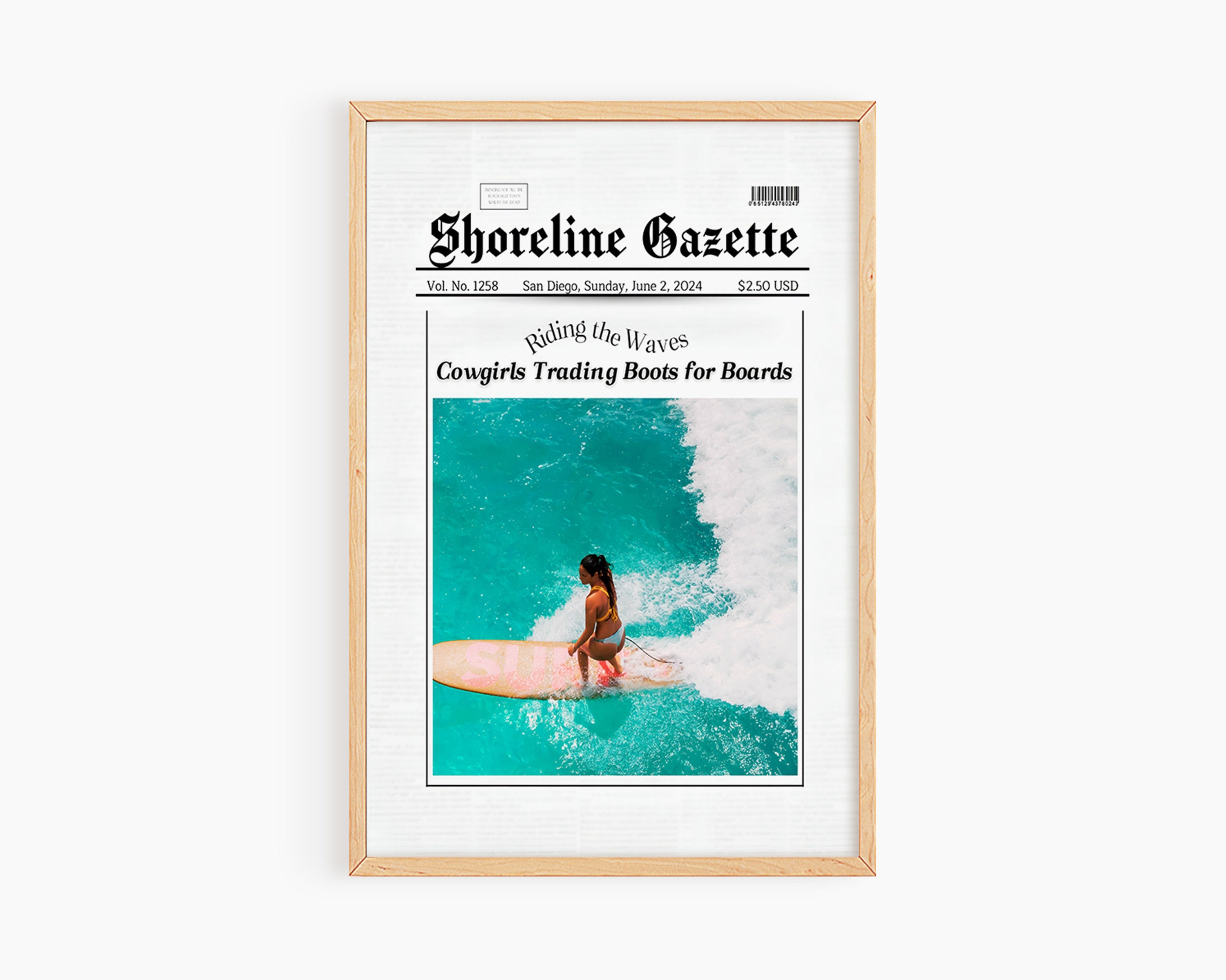Coastal Cowgirl Print Newspaper Cover Wall Art, Preppy Coastal Art Surf ...