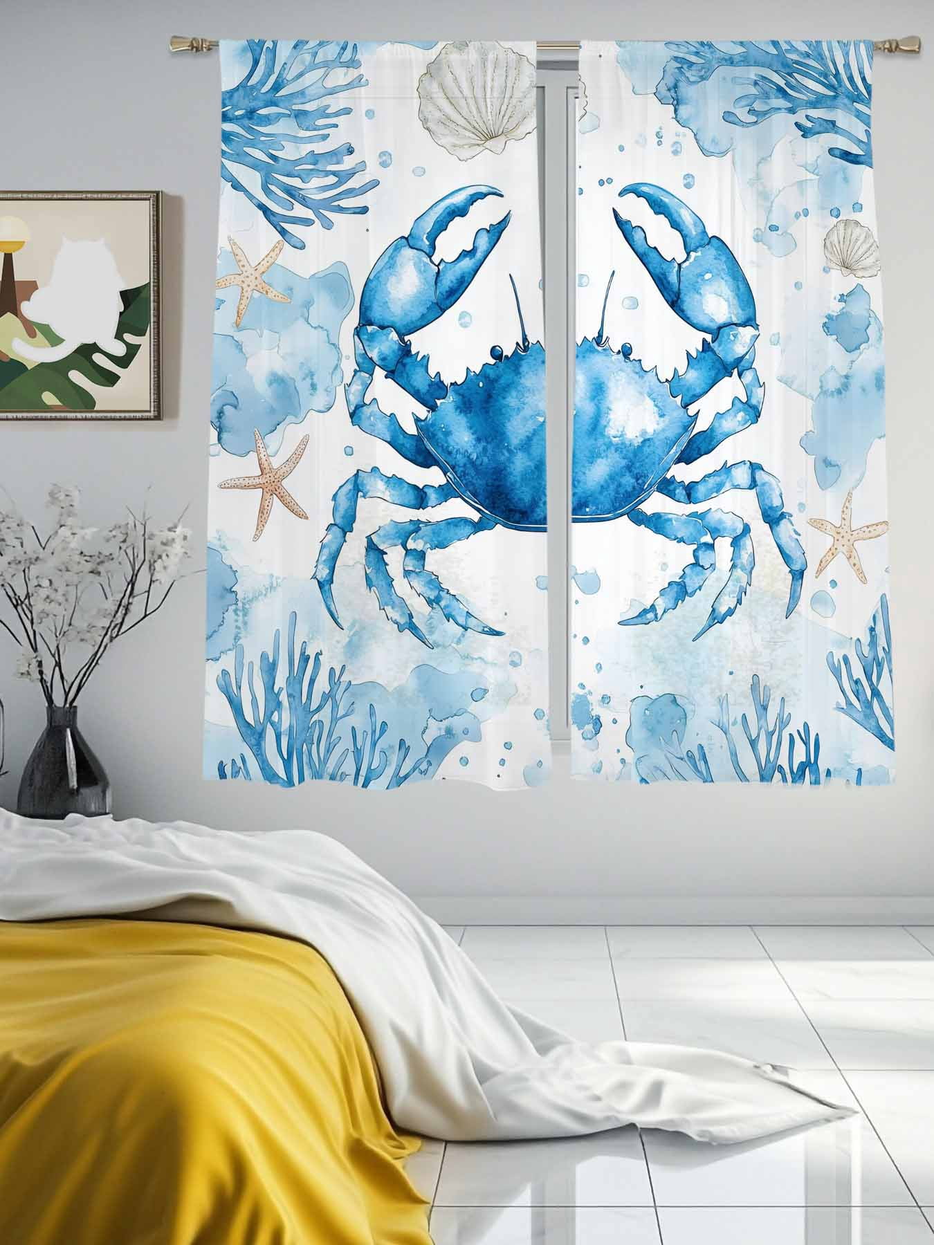 Coastal Crab Blue Coral Sheer Curtains 2 Panels Set Summer Ocean ...