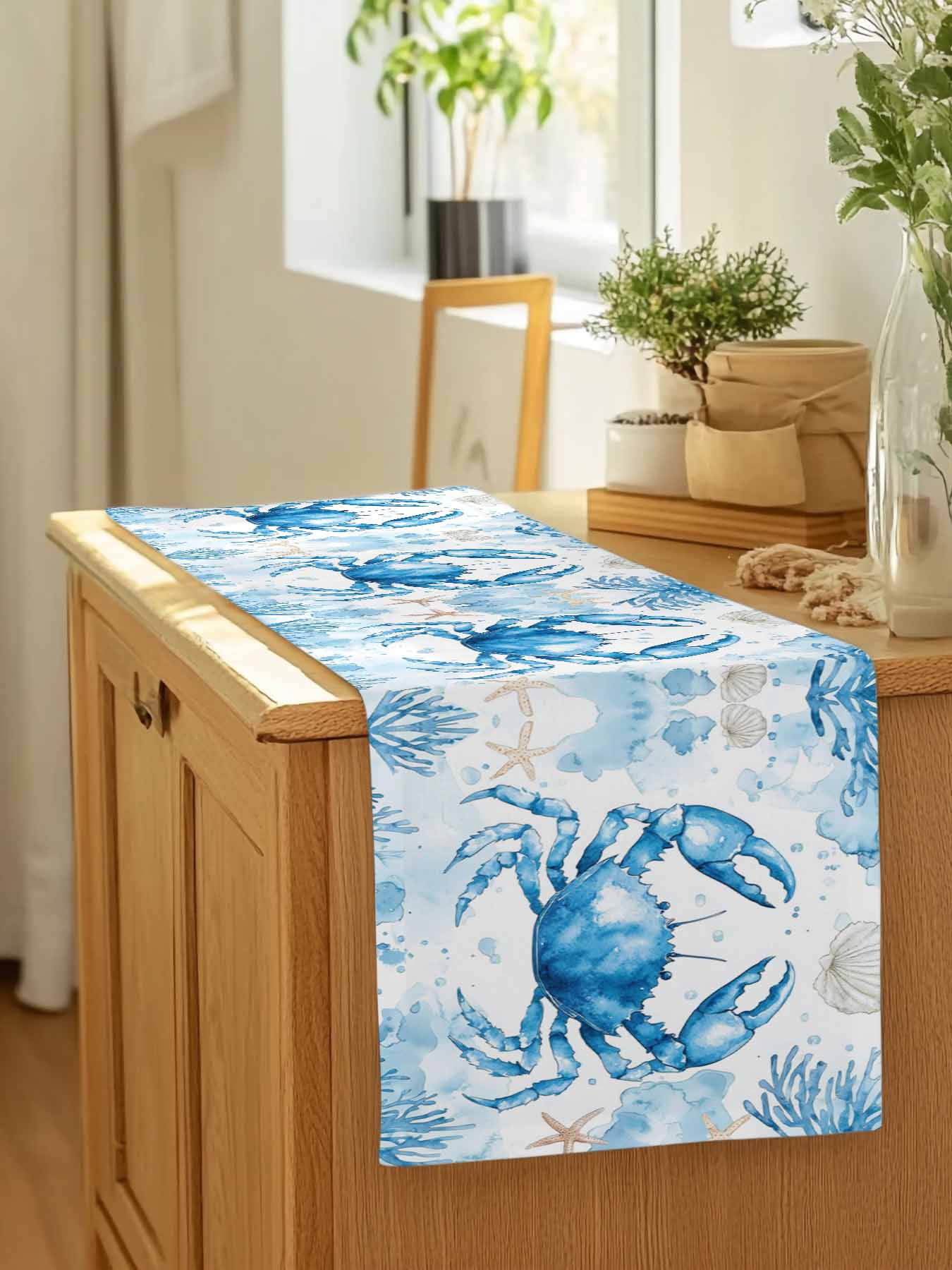 Coastal Crab Blue Coral Table Runner 13x90in Non-Slip Cotton Linen ...