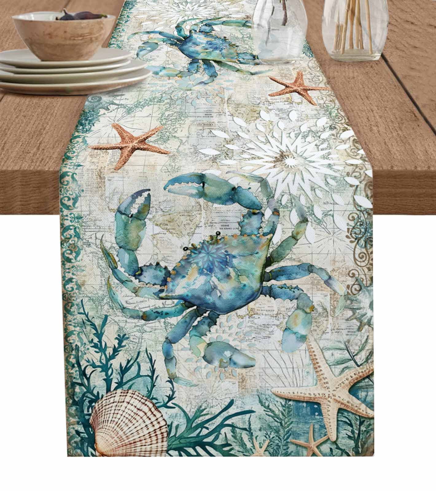 Coastal Crab Burlap Cotton Table Runner 13x108 Inches Long, Ocean Coral ...