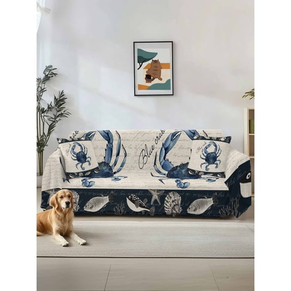 Coastal Crab Couch Cover for 2 Cushion Sofa, Nautical Ocean Beach Fish ...
