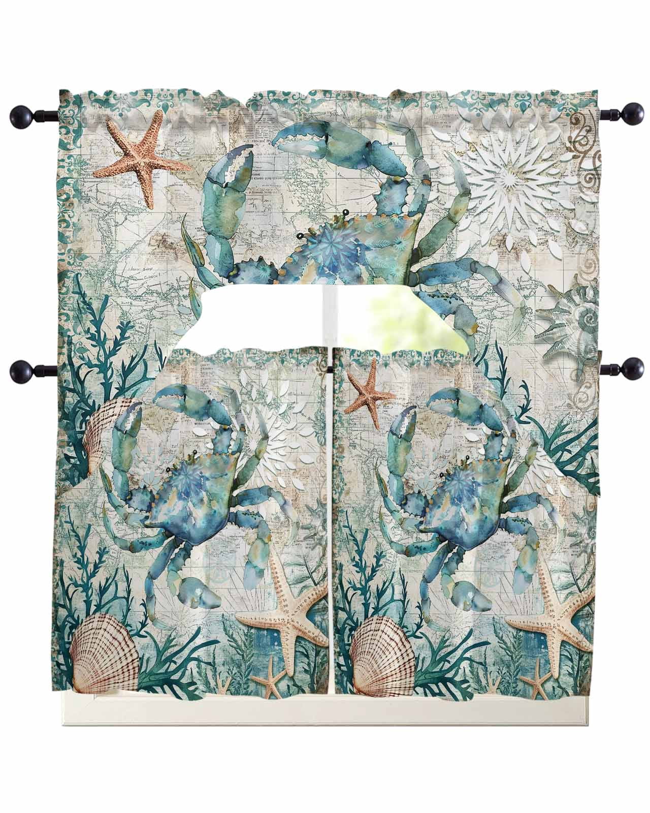 Coastal Crab Kitchen Curtains Swag Valance and Tier Curtains Set 36 ...