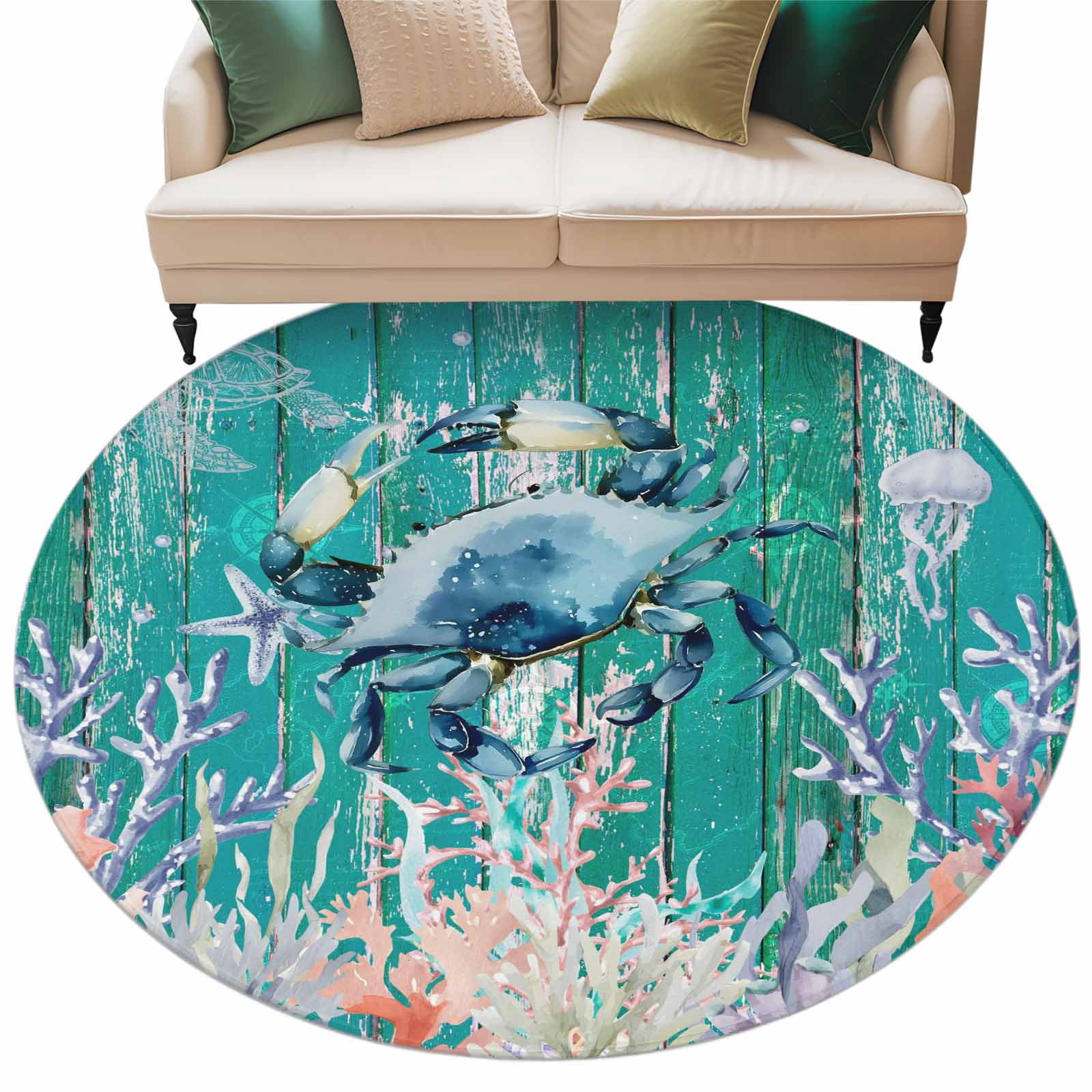 Coastal Crab Round Rug 7ft Washable Circle Rugs Non Slip Watercolor ...