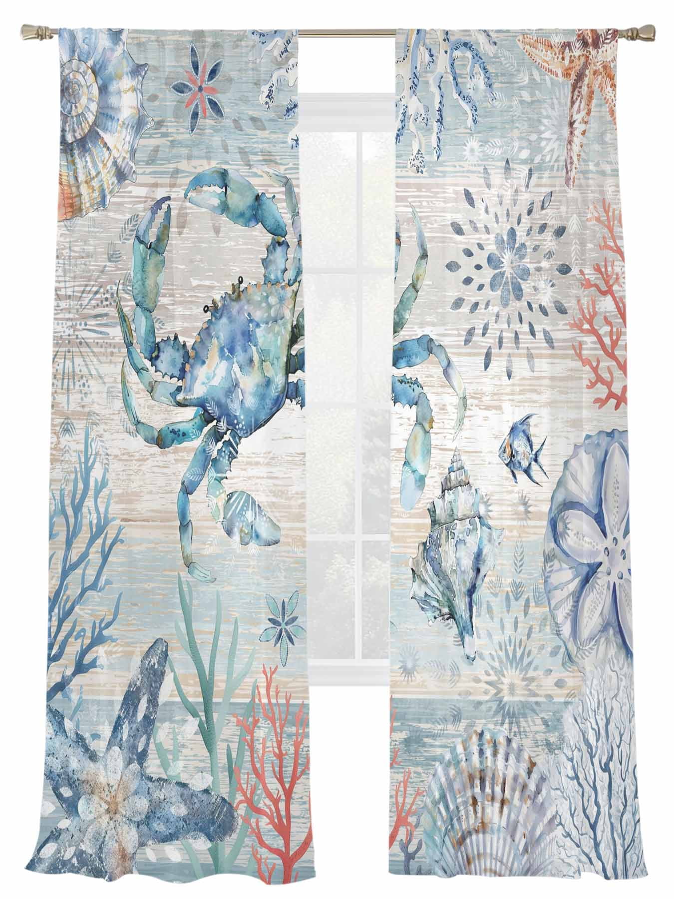 Coastal Crab Sheer Curtains 108 Inch Length 2 Panels Set, Semi ...