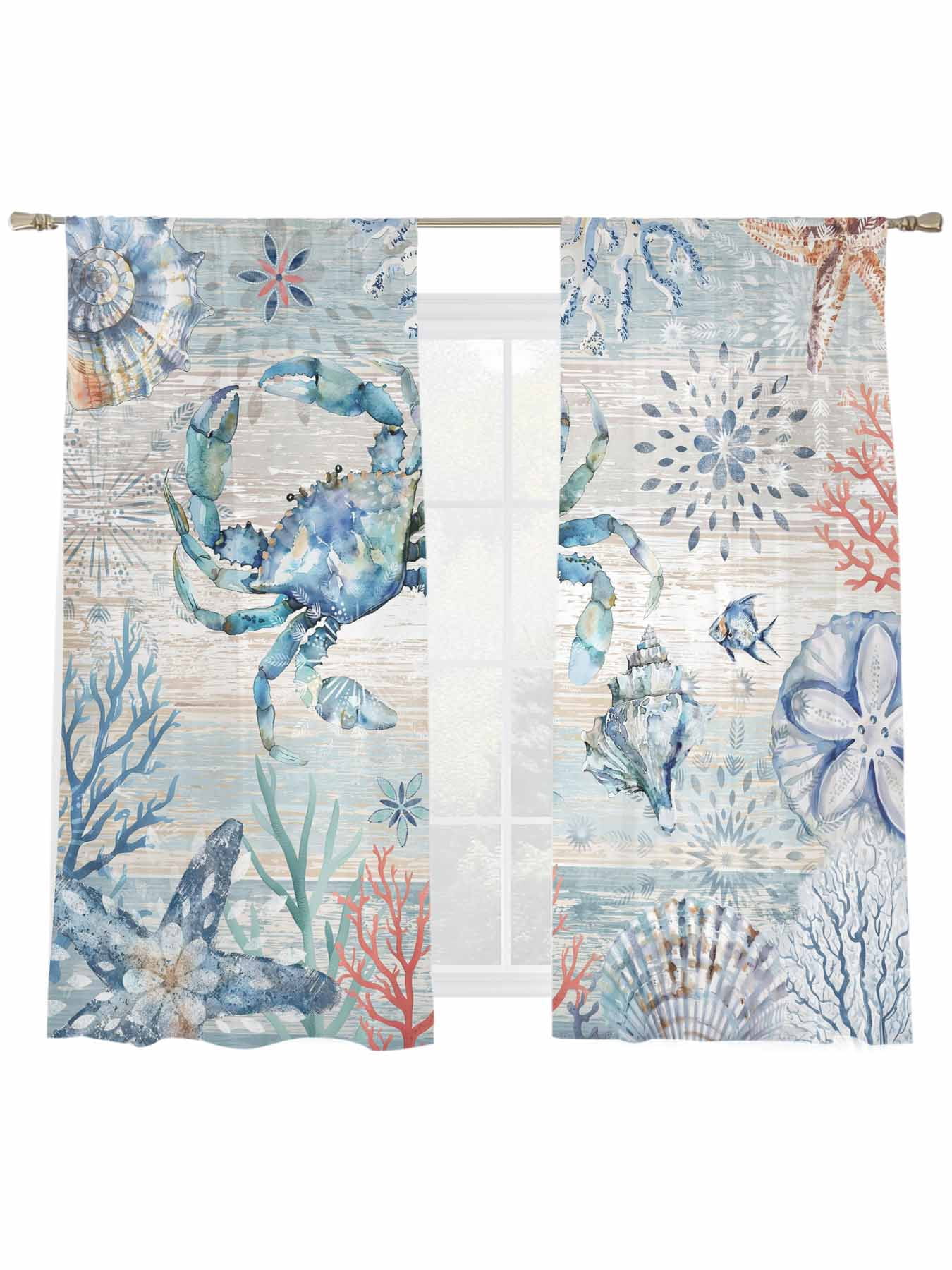 Coastal Crab Sheer Curtains 63 Inch Length 2 Panels Set, Semi ...