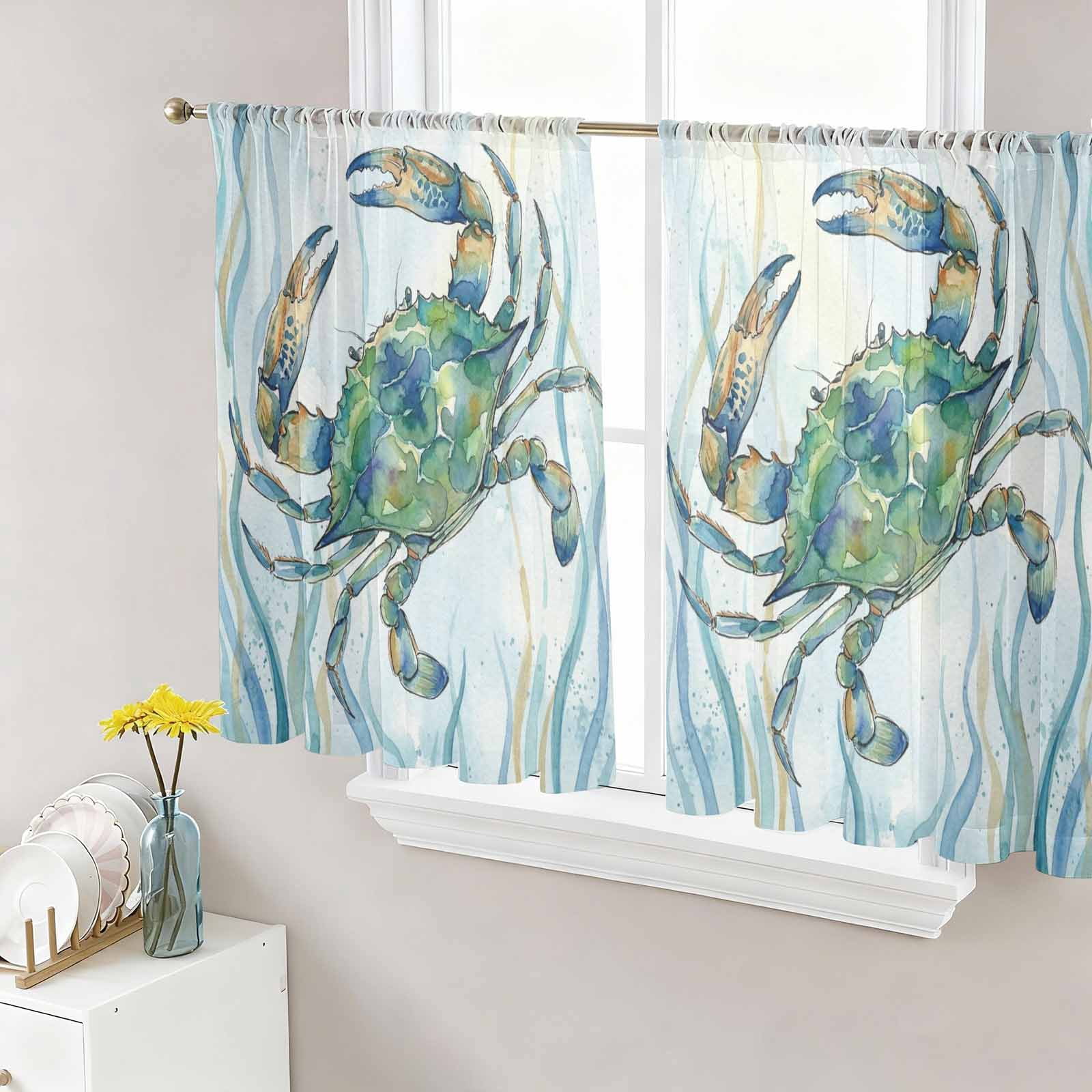 Coastal Crab Sheer Curtains for Living Room Bedroom Nautical Seaweed ...