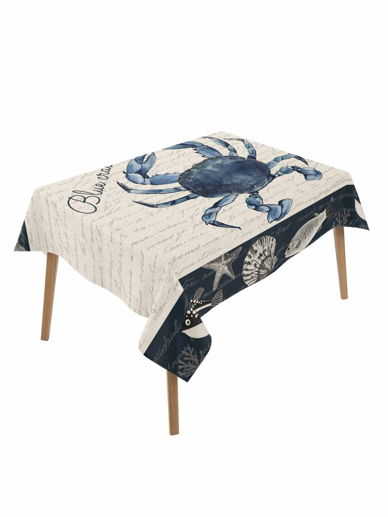 Coastal Crab Table Cloth, Nautical Ocean Beach Fish Starfish Waterproof ...