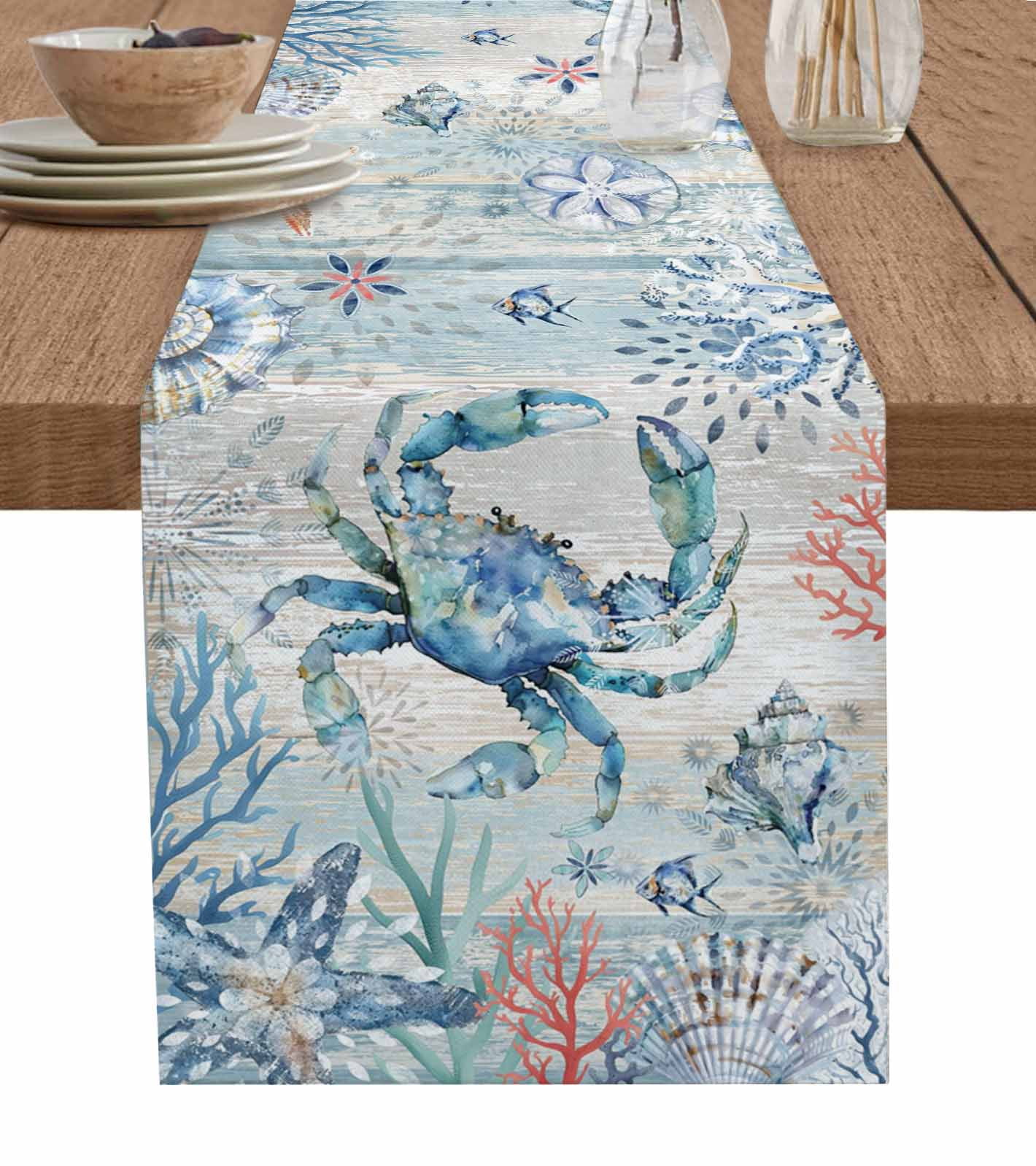 Coastal Crab Table Runner Nautical Beach Ocean Conch Coral Starfish ...