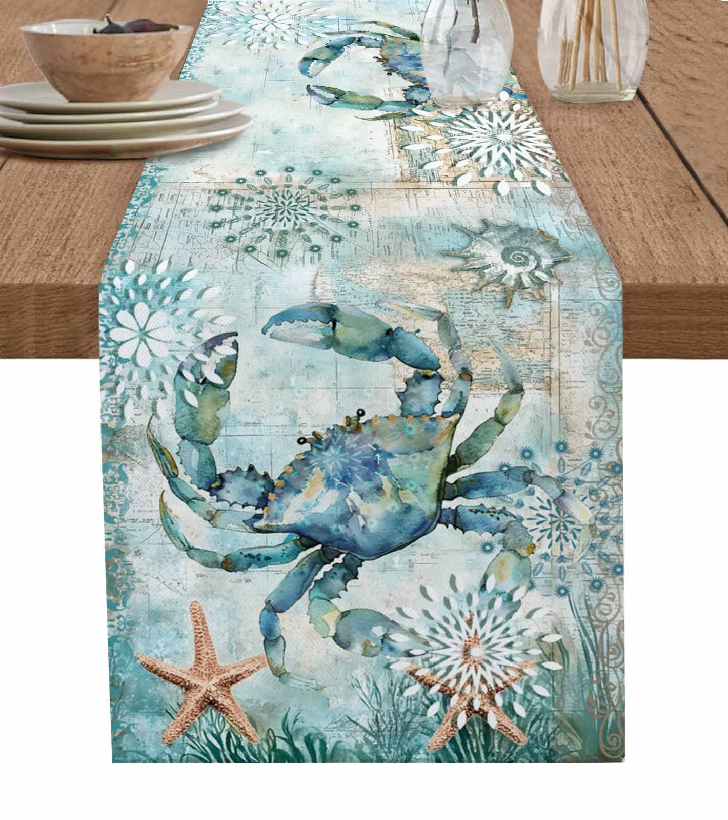 Coastal Crab Table Runner Teal Nautical Beach Starfish Vintage ...