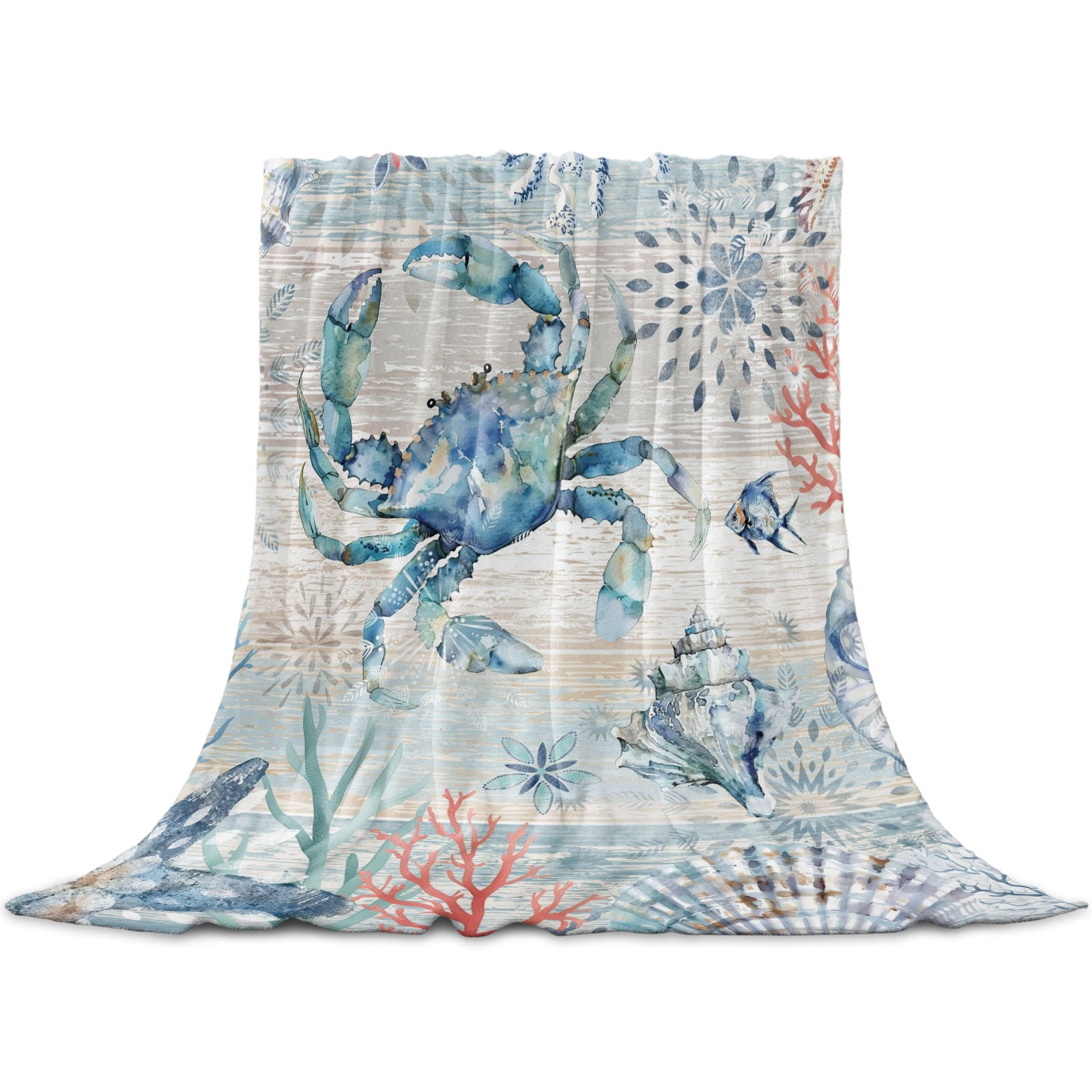 Coastal Crab Throw Blanket for Couch, Soft Lightweight Flannel Fleece ...