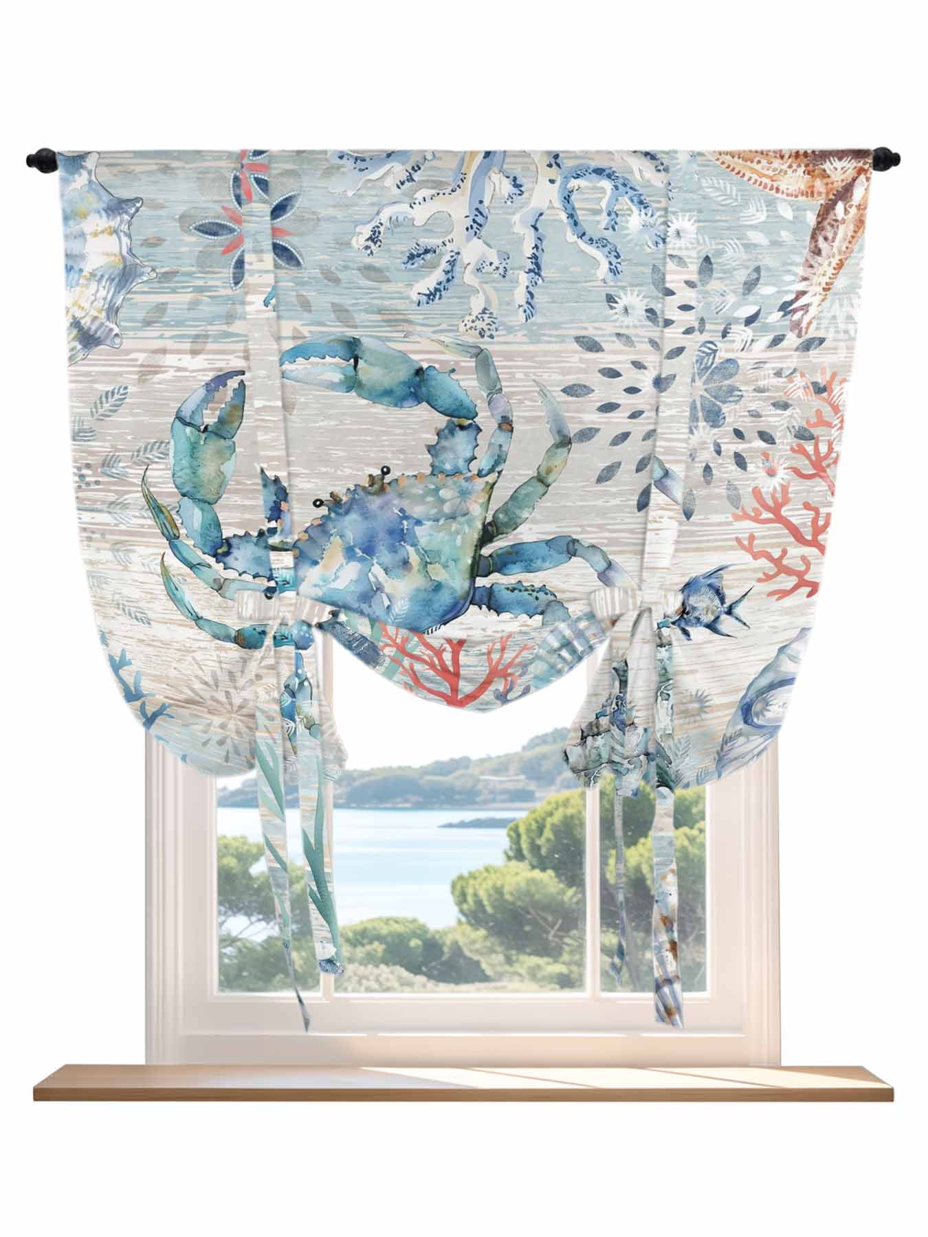 Coastal Crab Tie Up Curtains for Windows 54 Inch Length Balloon ...
