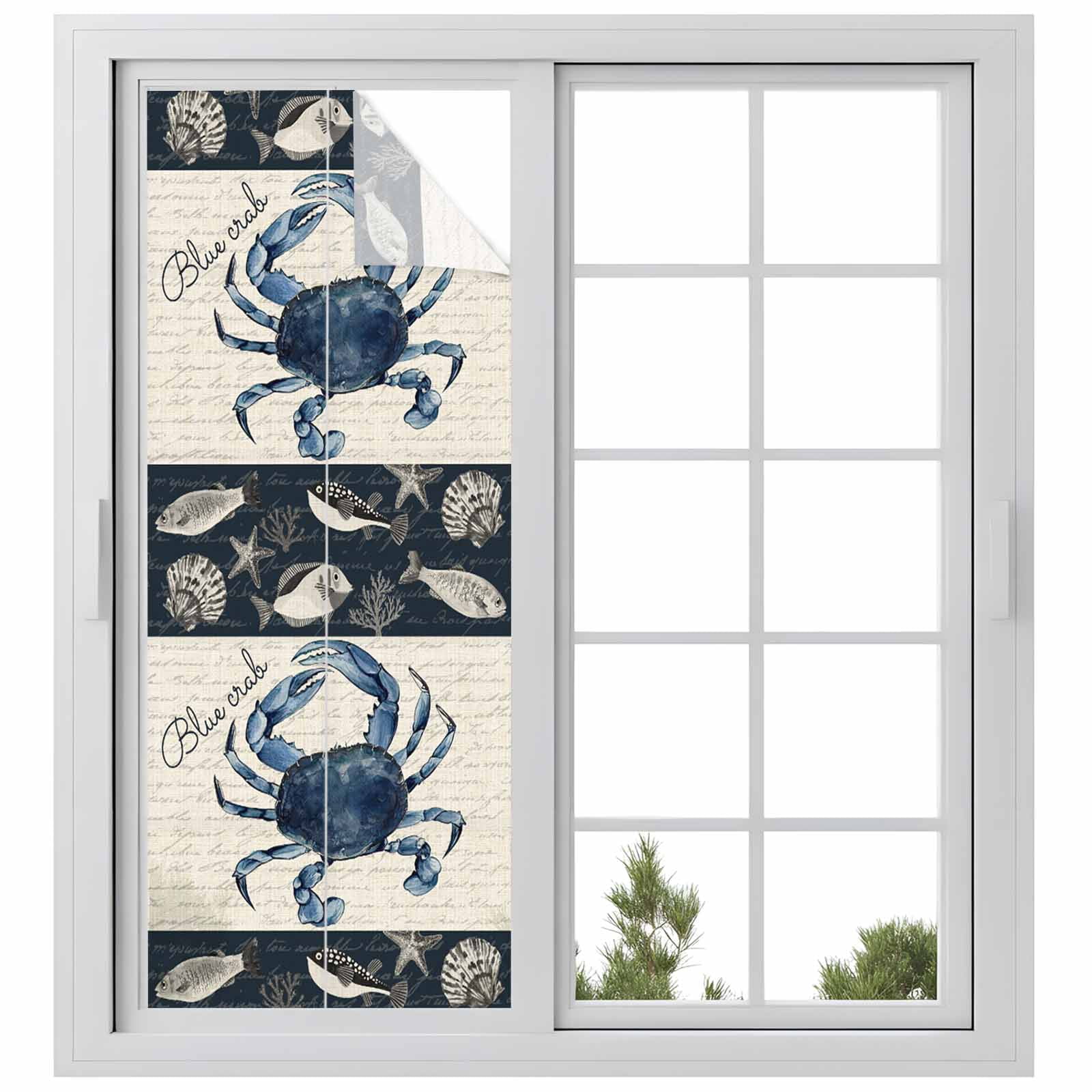 Coastal Crab Window Privacy Film, Nautical Ocean Beach Fish Starfish ...