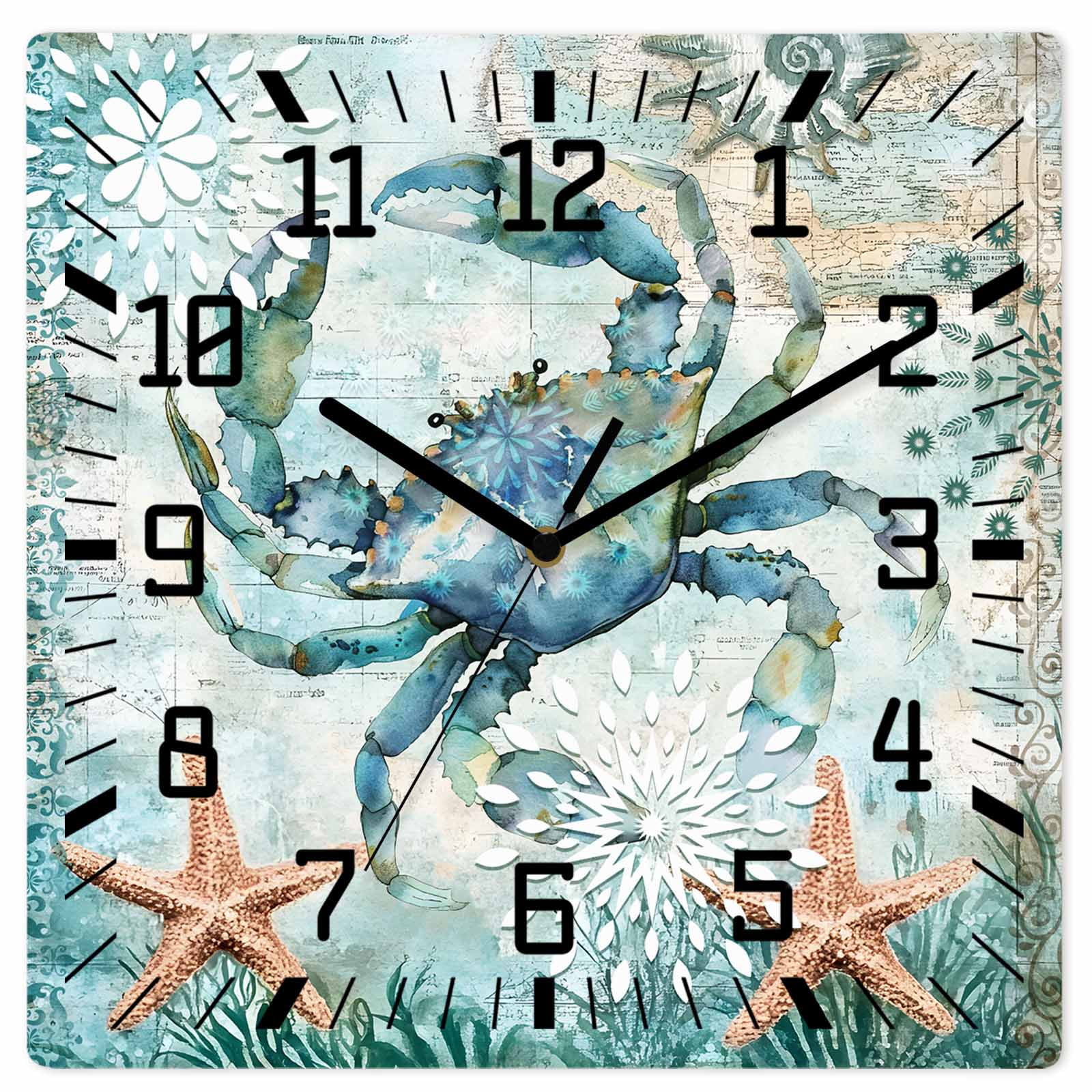 Coastal Crab Wooden Wall Clock Silent Non Ticking, Teal Nautical Beach ...