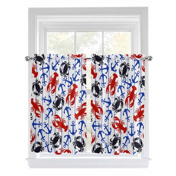 Coastal Crabs 2 Panel Kitchen Curtains for Windows, Blue Red Nautical ...
