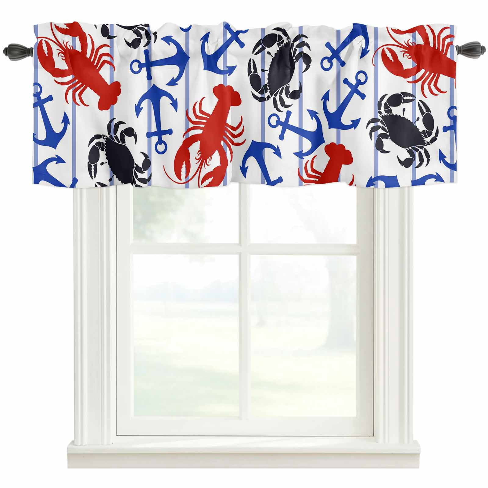 Coastal Crabs Rod Pocket Curtain Valance, Blue Red Nautical Anchor ...