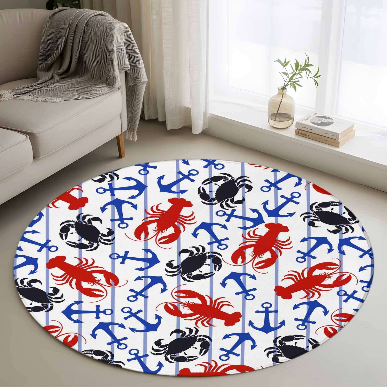 Coastal Crabs Round Rug 4ft Washable Circle Entryway Rugs Non Slip Blue ...