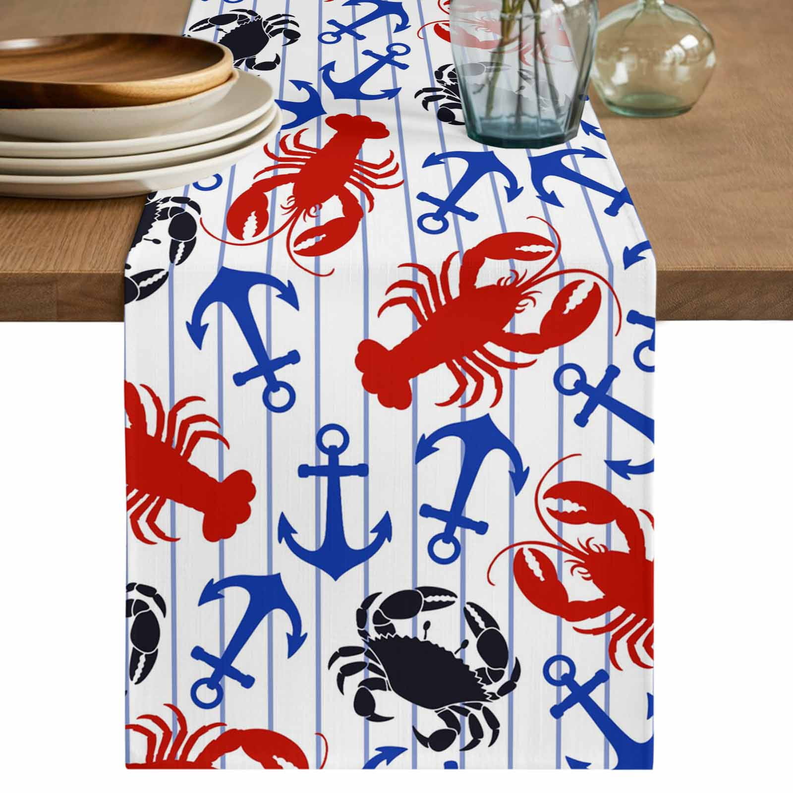 Coastal Crabs Table Runner 72 Inches, Blue Red Nautical Anchor Lobster ...