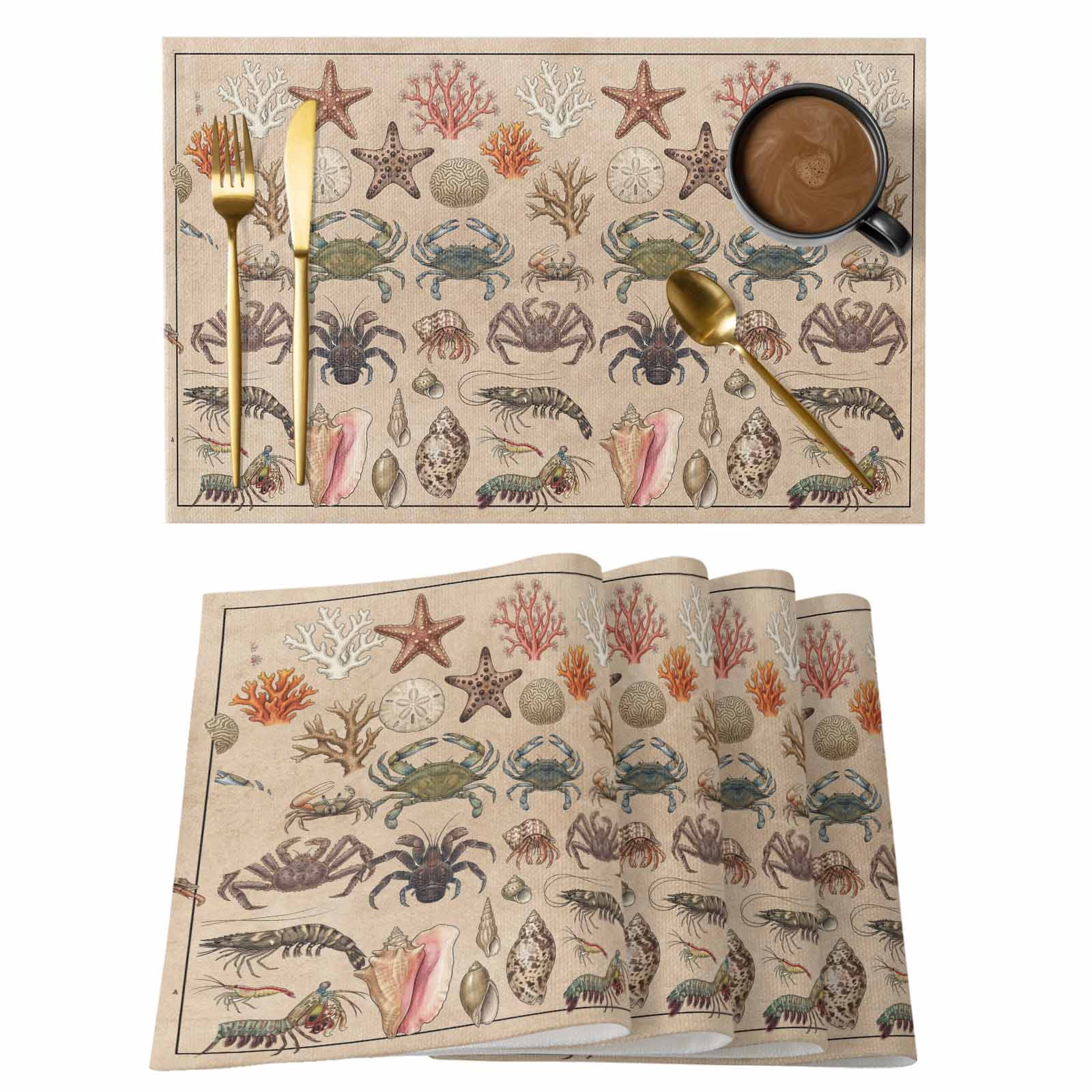 Coastal Creature Placemats Set of 12 Retro Marine Starfish Conch Coral ...