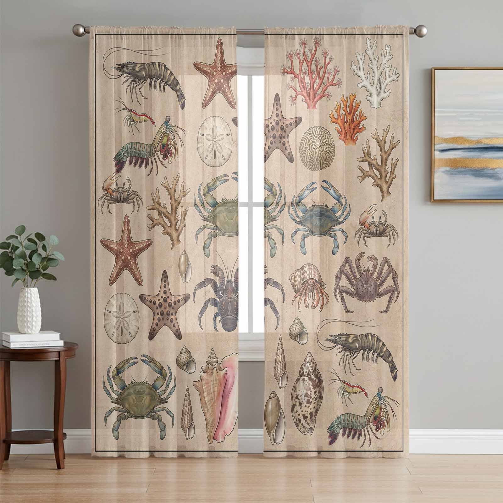 Coastal Creature Sheer Curtains 63 Inch Length 2 Panels Set, Retro ...