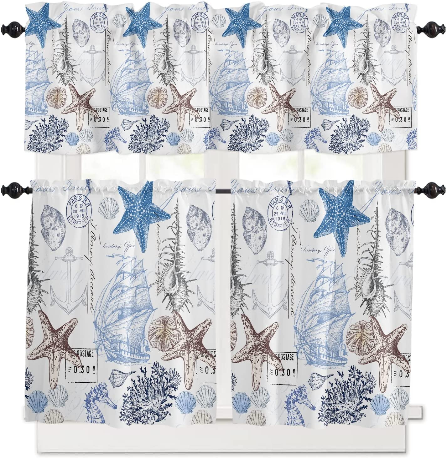 Coastal Curtain Tier and Valance Set for Nautical Kitchen,3 Piece Rod ...