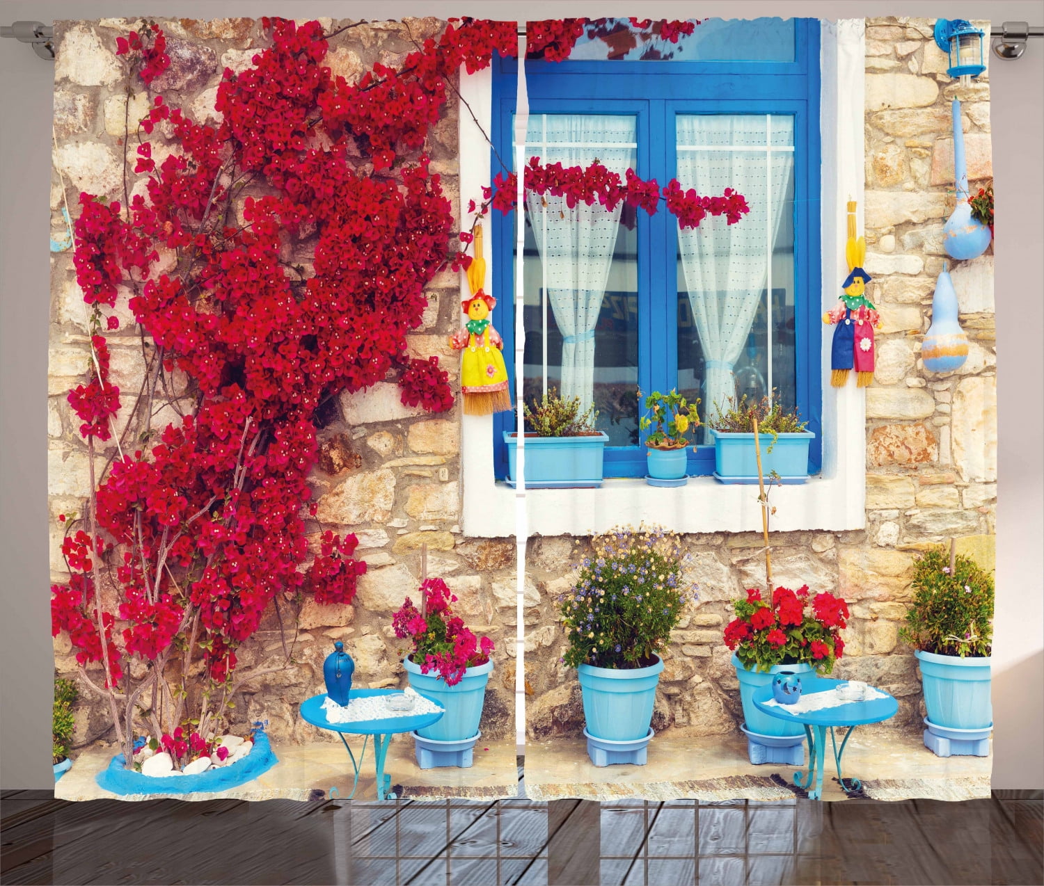 Ambesonne Coastal Curtains 2 Panel Set, Mediterranean House, 108" x 108 ...