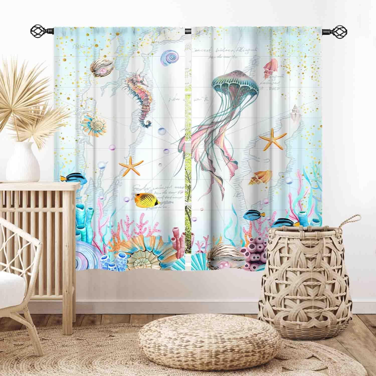 Coastal Curtains, Summer Beach Theme Watercolor Nautical Jellyfish ...