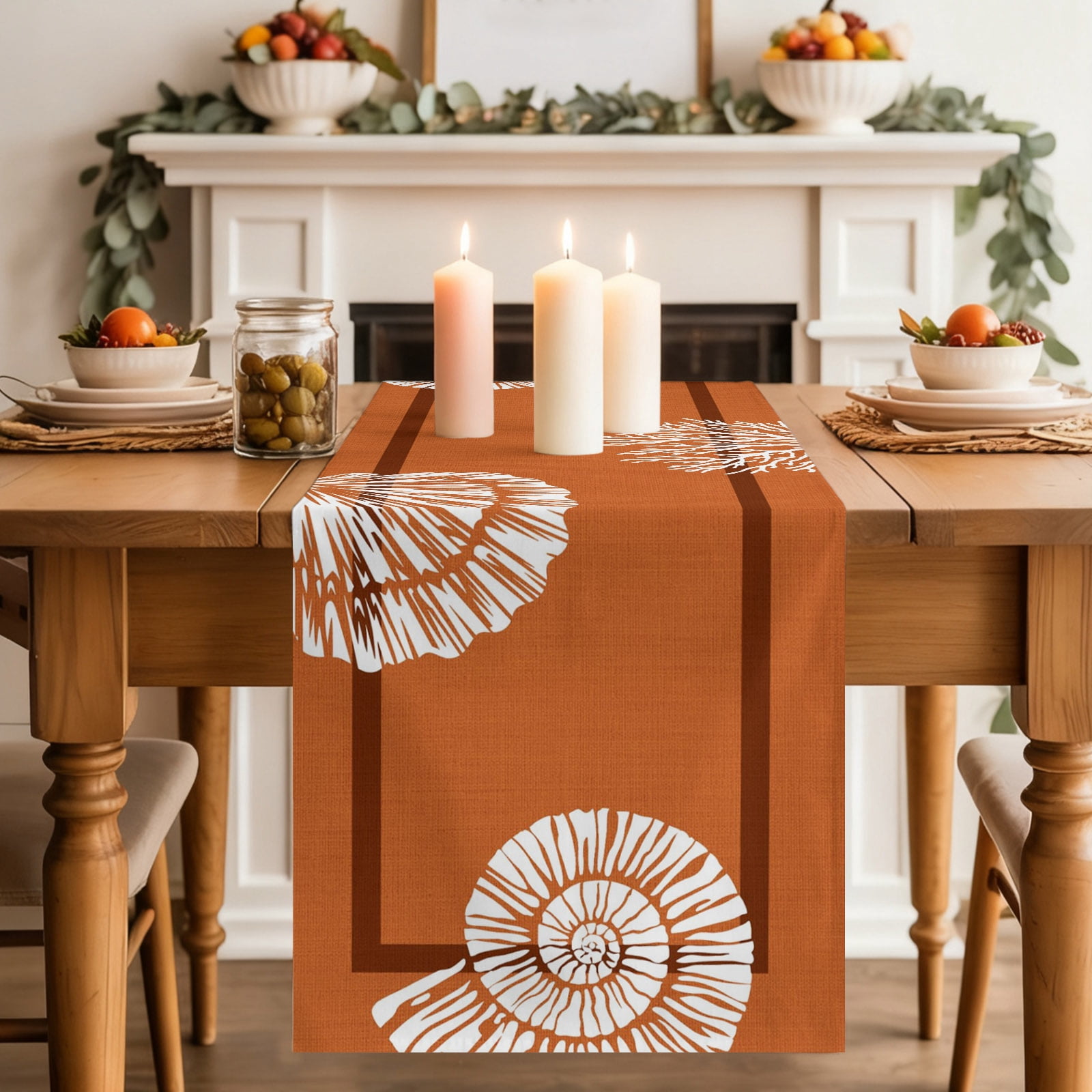 Coastal Dining Table Runner, Starfish Shell Coral Rustic Burnt Orange ...