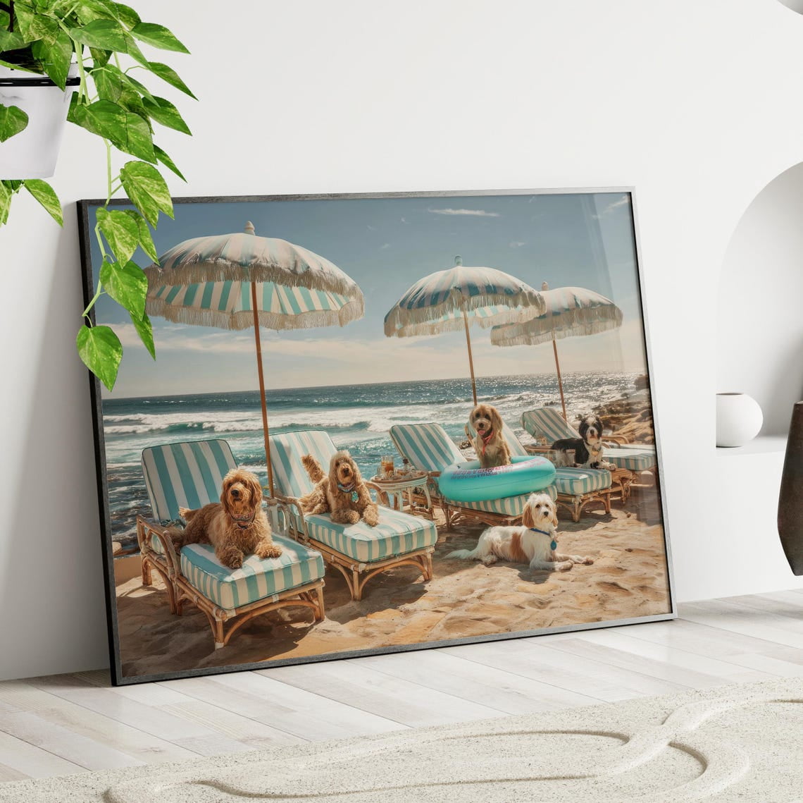 Coastal Dog Beach Aqua Blue Summer Decor Cute Dogs Lounging Sea Retro ...