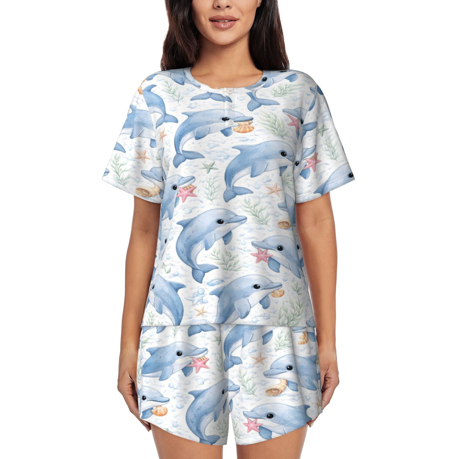 Coastal Dolphin Pattern Women’S Short-Sleeved Pyjama Set Round-Neck ...