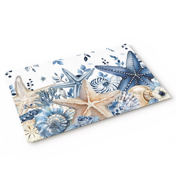 Coastal Door Mat Ocean Blue Beige Starfish Shells Eucalyptus Leaves Non ...