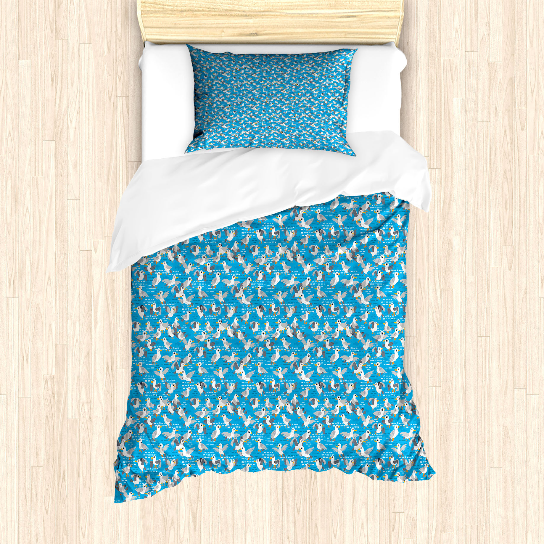 Coastal Duvet Cover Set, Aquatic Seagull Bird Cartoon Characters on ...