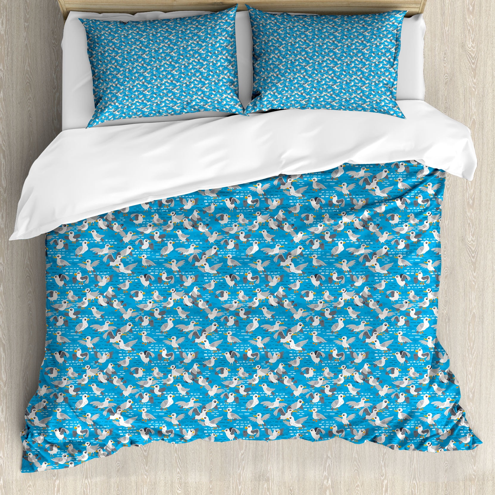 Coastal Duvet Cover Set, Aquatic Seagull Bird Cartoon Characters on ...