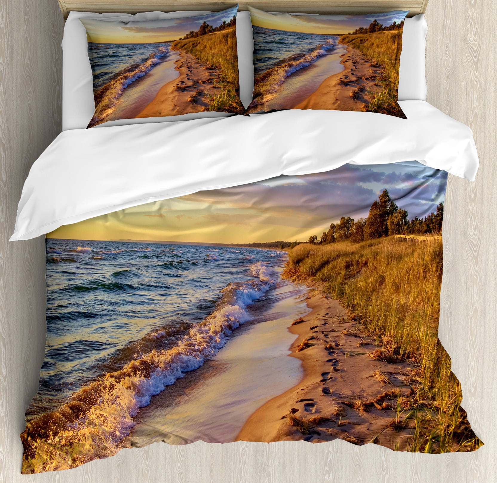 Coastal Duvet Cover Set, Sandy Calm Beach Ocean Waves Tranquil Seashore ...