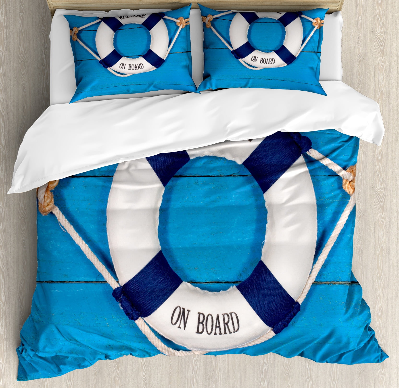 Coastal Duvet Cover Set, Welcome on Board Sign on Painted Timber Wall ...