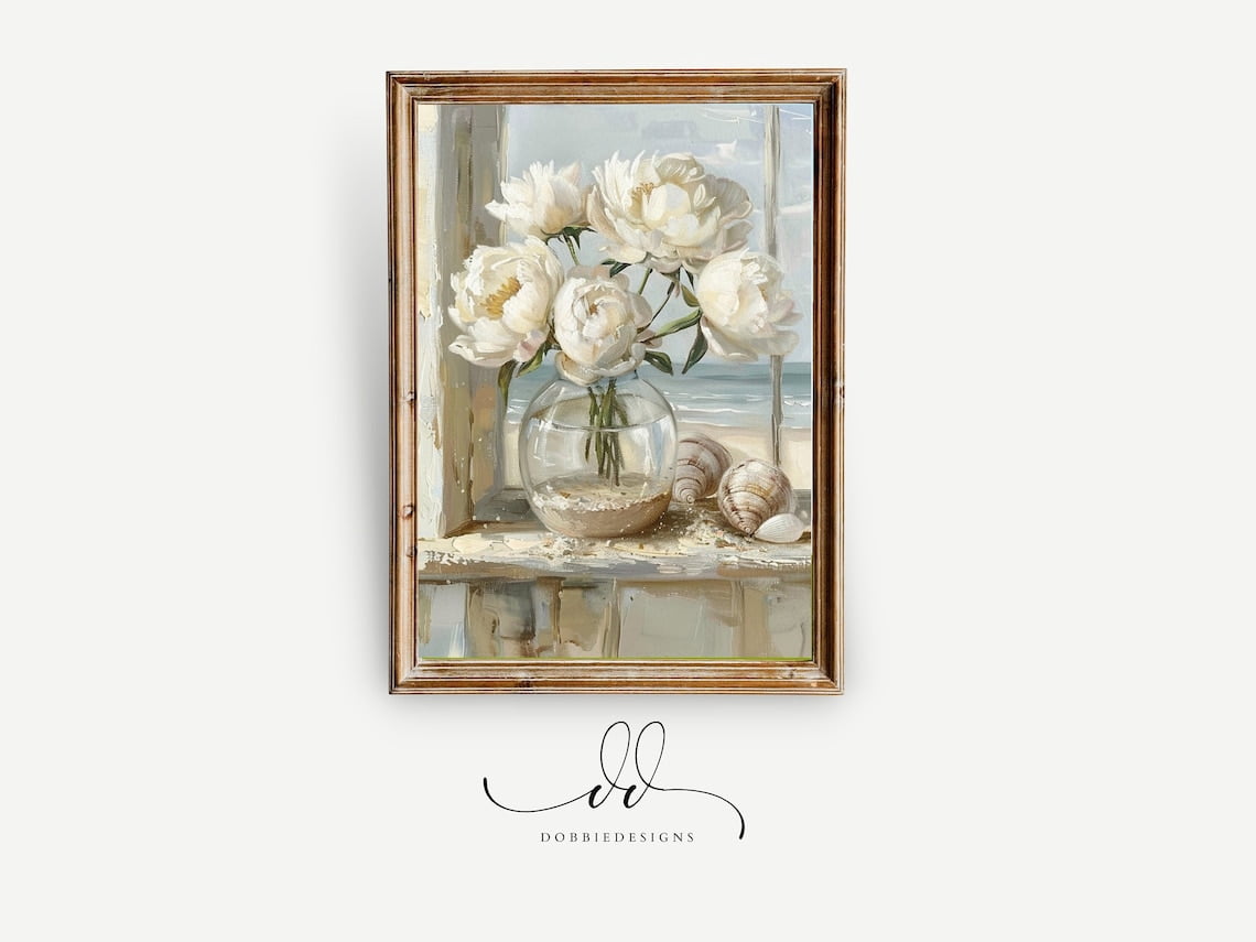 Coastal Elegance Peony Art Print Beach Scene Decor Flowers And Shells ...